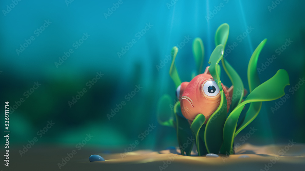 Goldfish hiding underwater in seaweed. Adventures of little funny fish ...