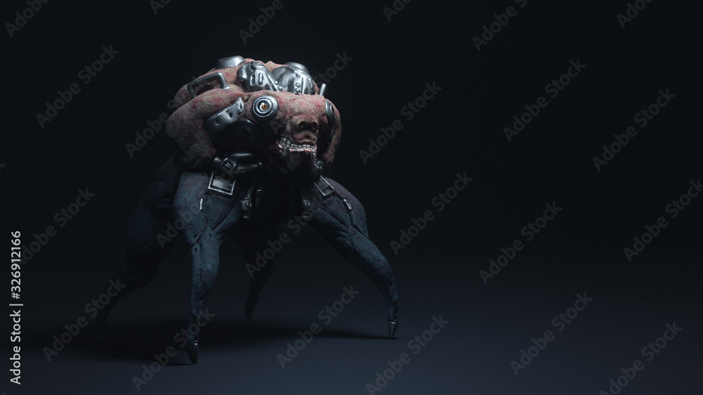 3d illustration of a cyberpunk horror monster spider standing on gray ...