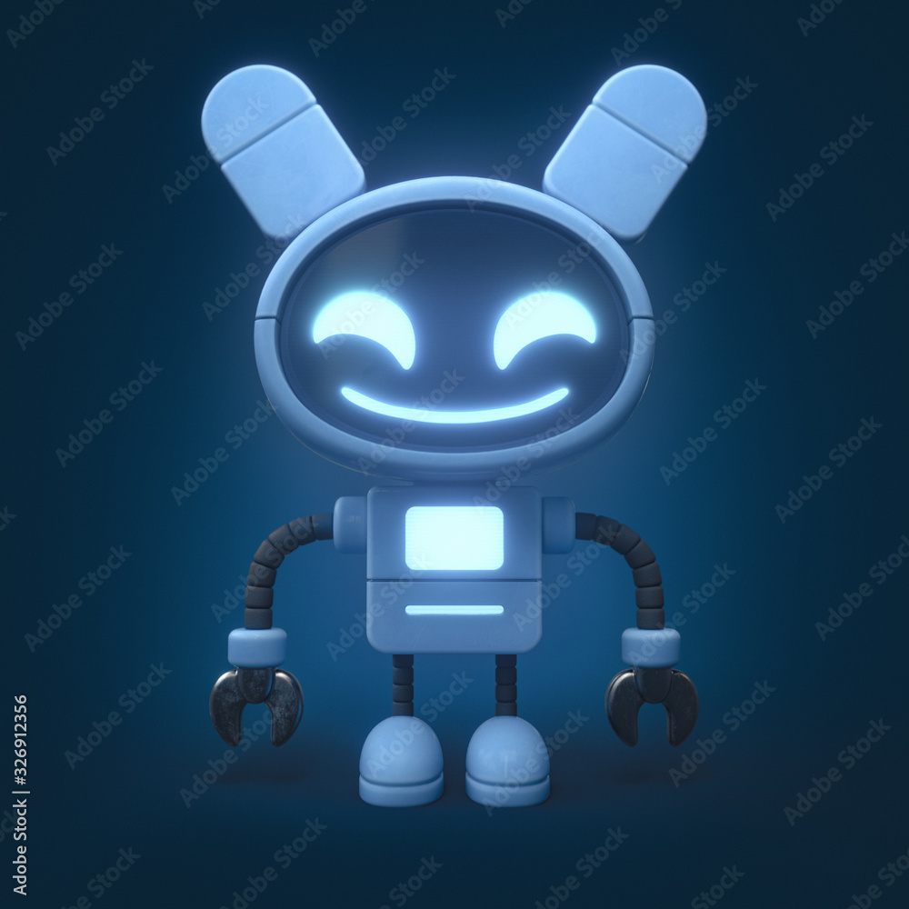 Little cute blue robot with ears. Friendly kawaii bot with glowing ...