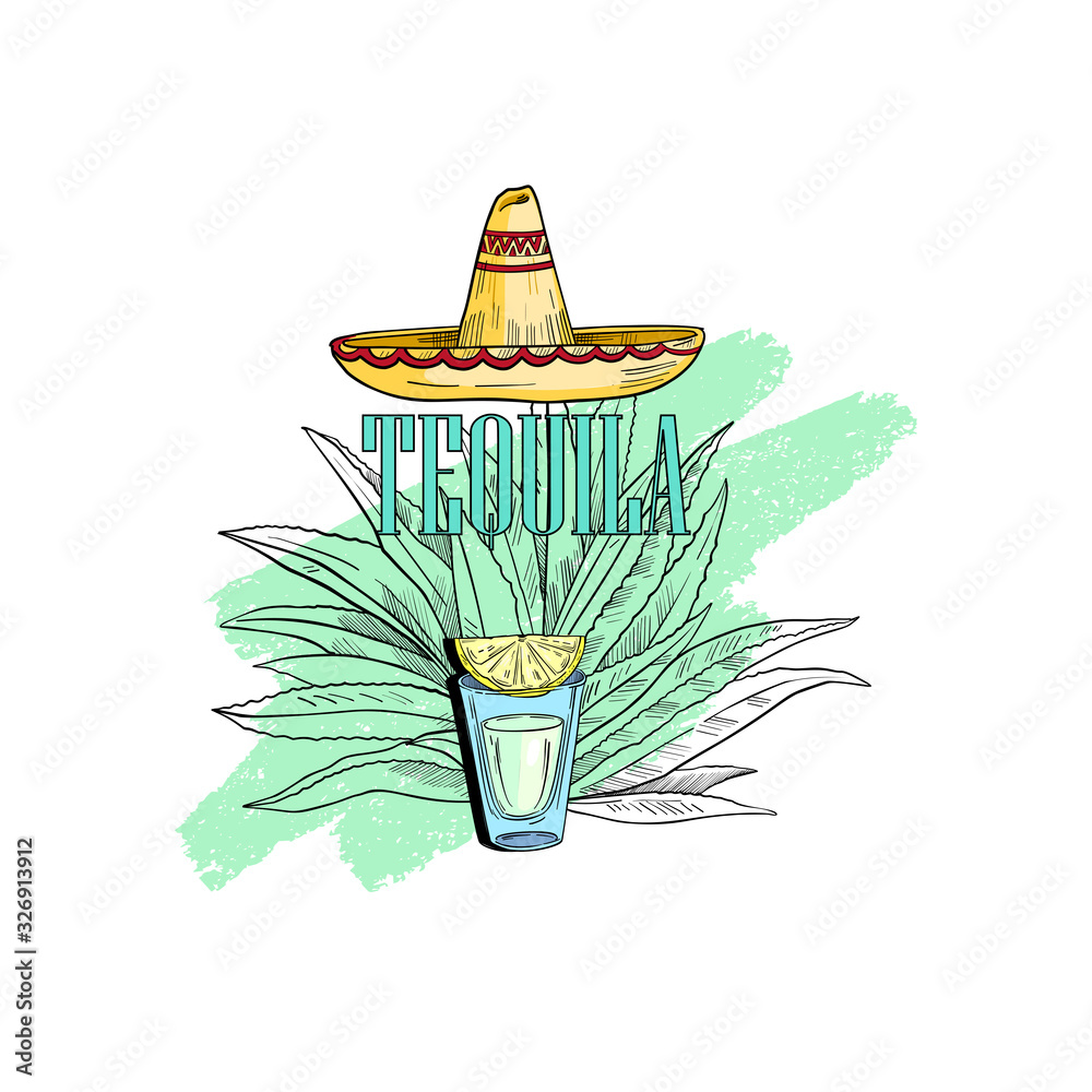 Tequila vector logo in engraving vintage style with agave, sombrero ...