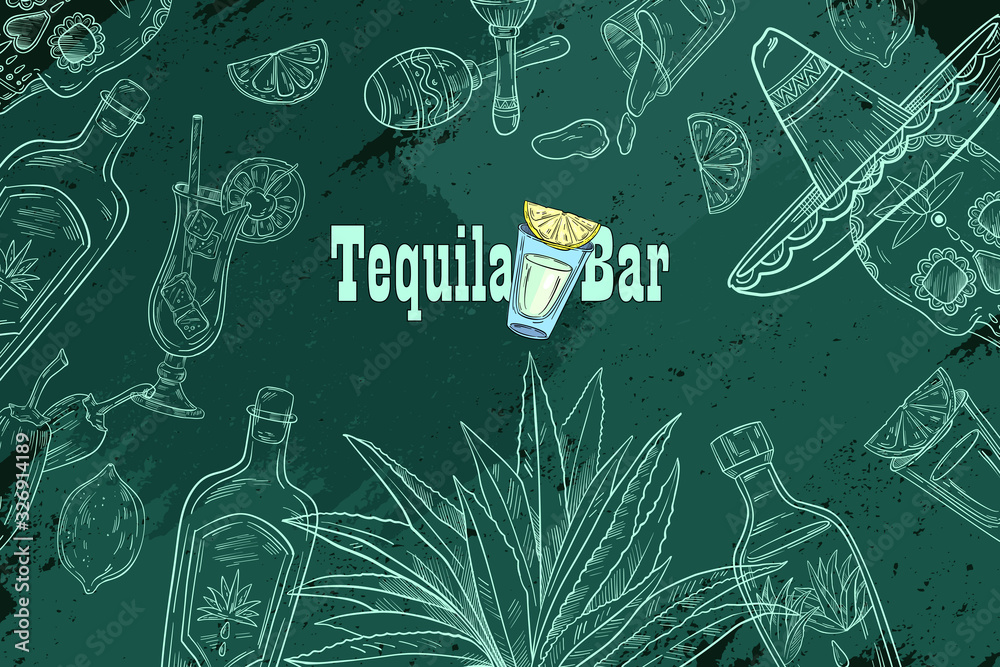 Tequila vector frame in engraving style with bottles, cocktails ...