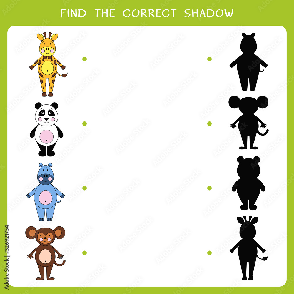 Find the correct shadow for wild animals. Worksheet of simple ...