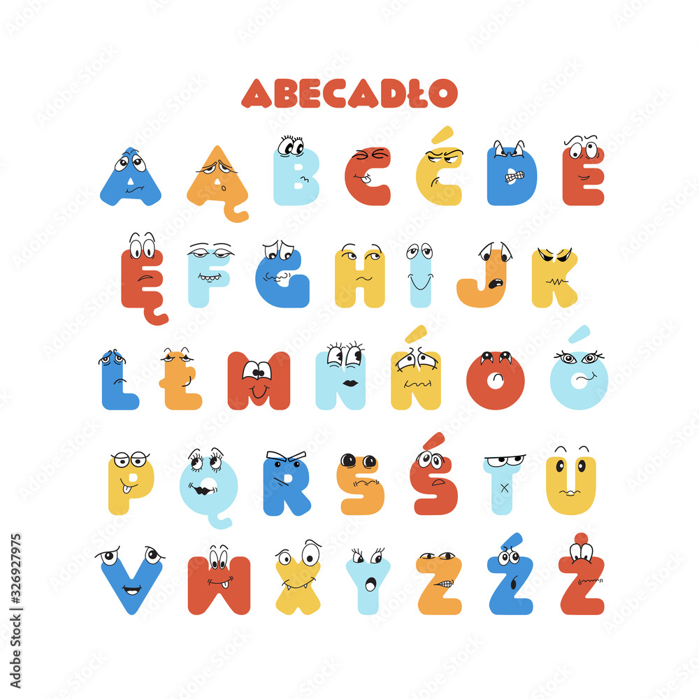 Polish colorful latin alphabet for kids with hand drawn cartoon ...