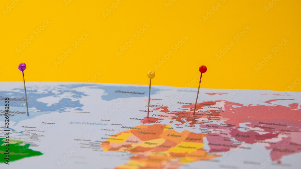 Push Pin Marked On A Map Locations Marked With Pins On World Map