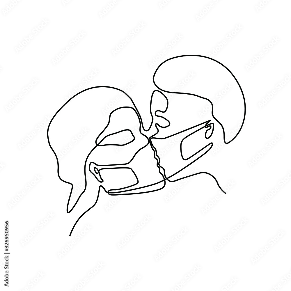 Kissing couple in medical masks, continuous line drawing, young woman ...