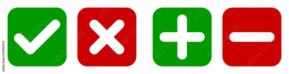 Set of flat square check mark, X mark, plus sign and minus sign icons ...