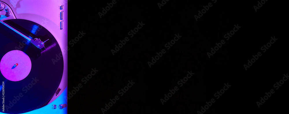 Retro wave, 80s. Record player with neon light. Vinyl analog turntable ...