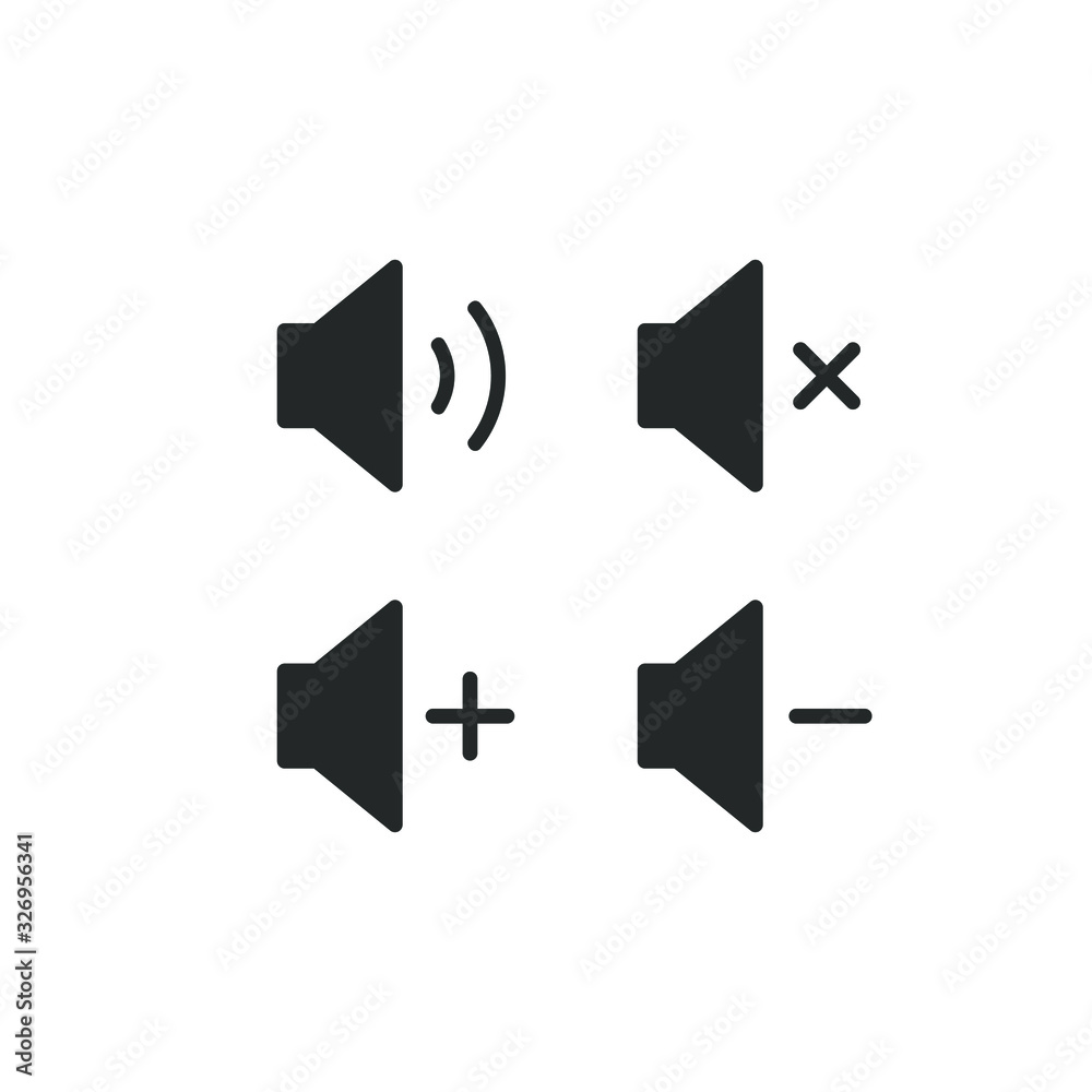 Speaker audio icon set. Volume voice control on off mute symbol. Flat ...