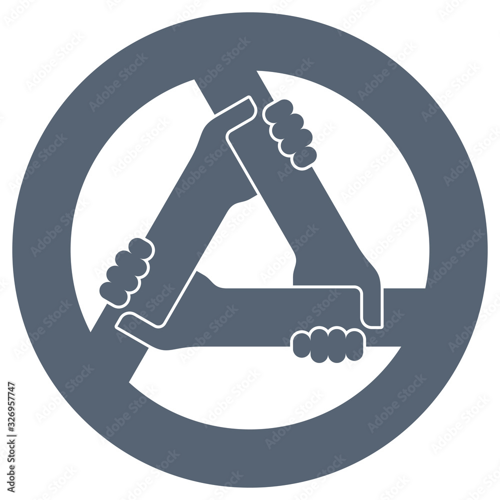 Vector circle icon of three holding each other hands. Friendship or ...