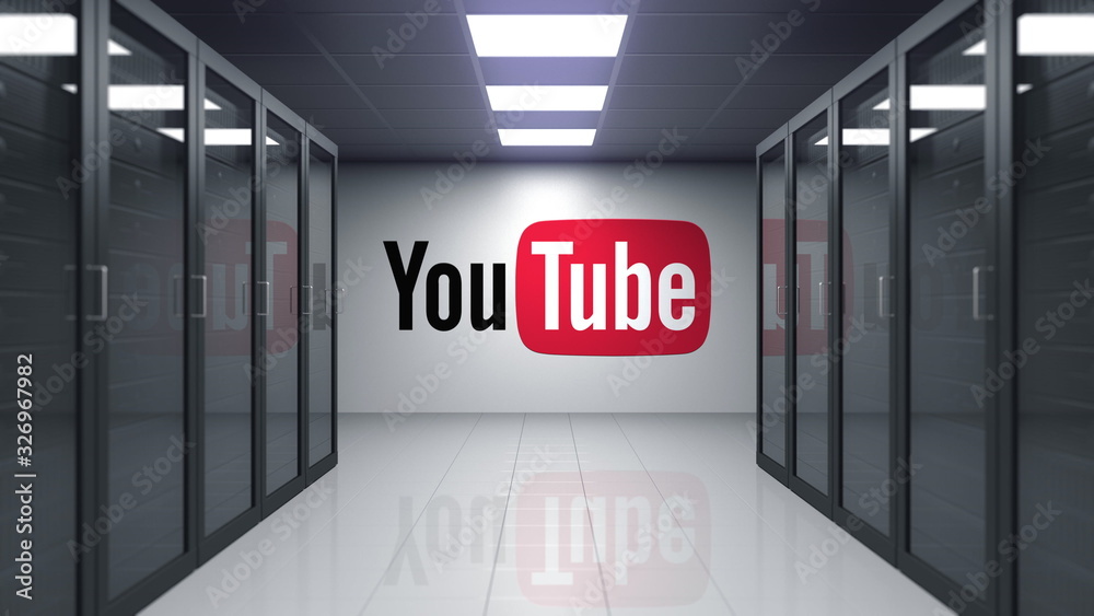 YouTube logo on the wall of the server room. Editorial 3D rendering ...
