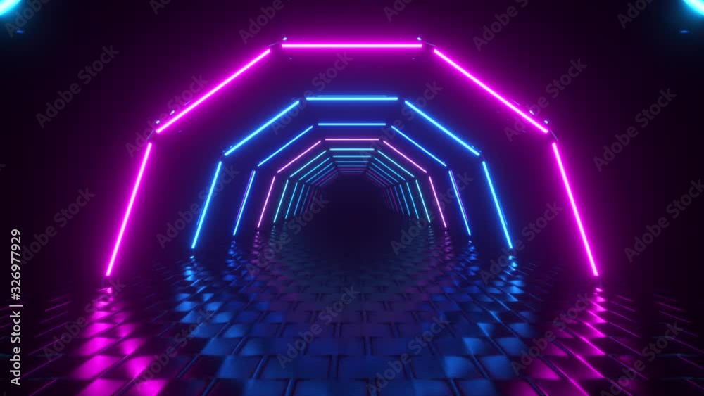 Flight through hexagonal corridor, glowing tunnel, pink blue neon light ...