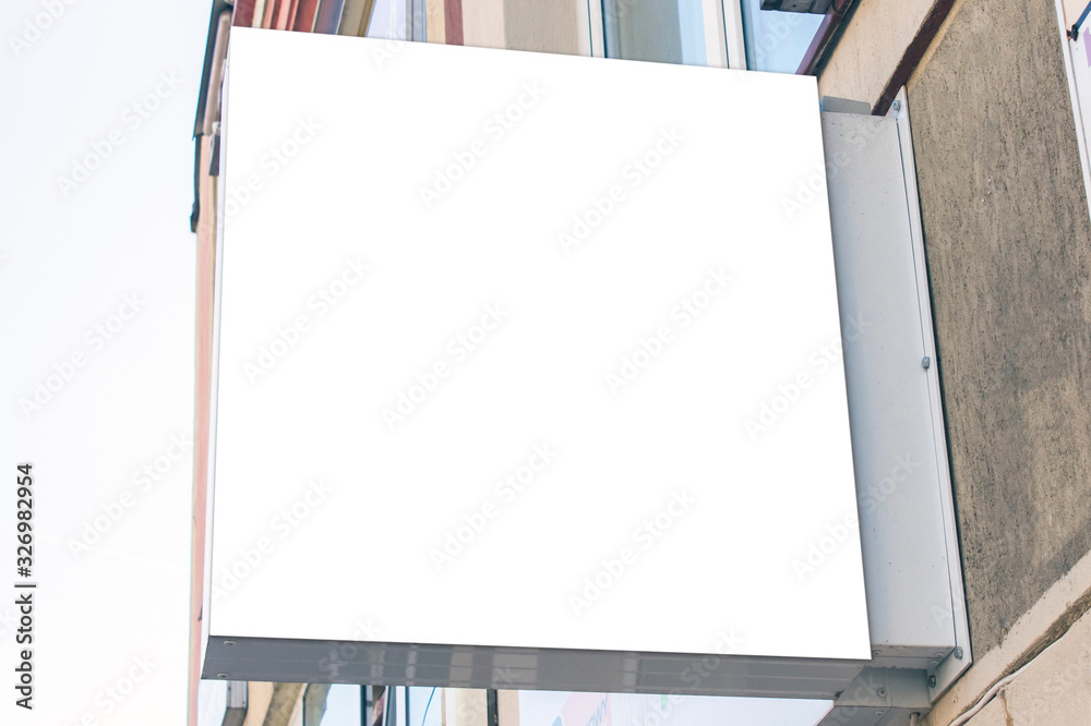 Mockup of the white blank square hanging logo sign in frame on the ...
