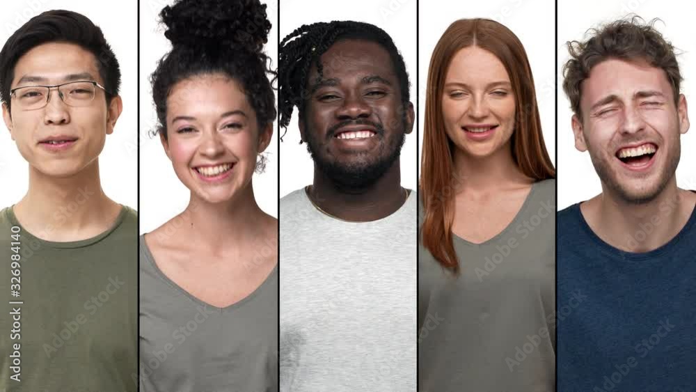 Multiscreen split portrait of men and women laughing out loud, smiling ...