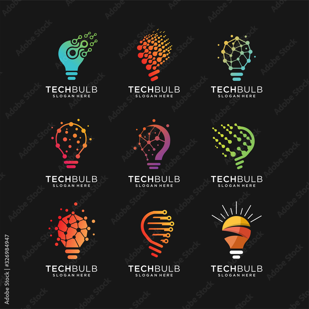 set of Modern Tech Bulb logo designs concept, Pixel Technology Bulb ...