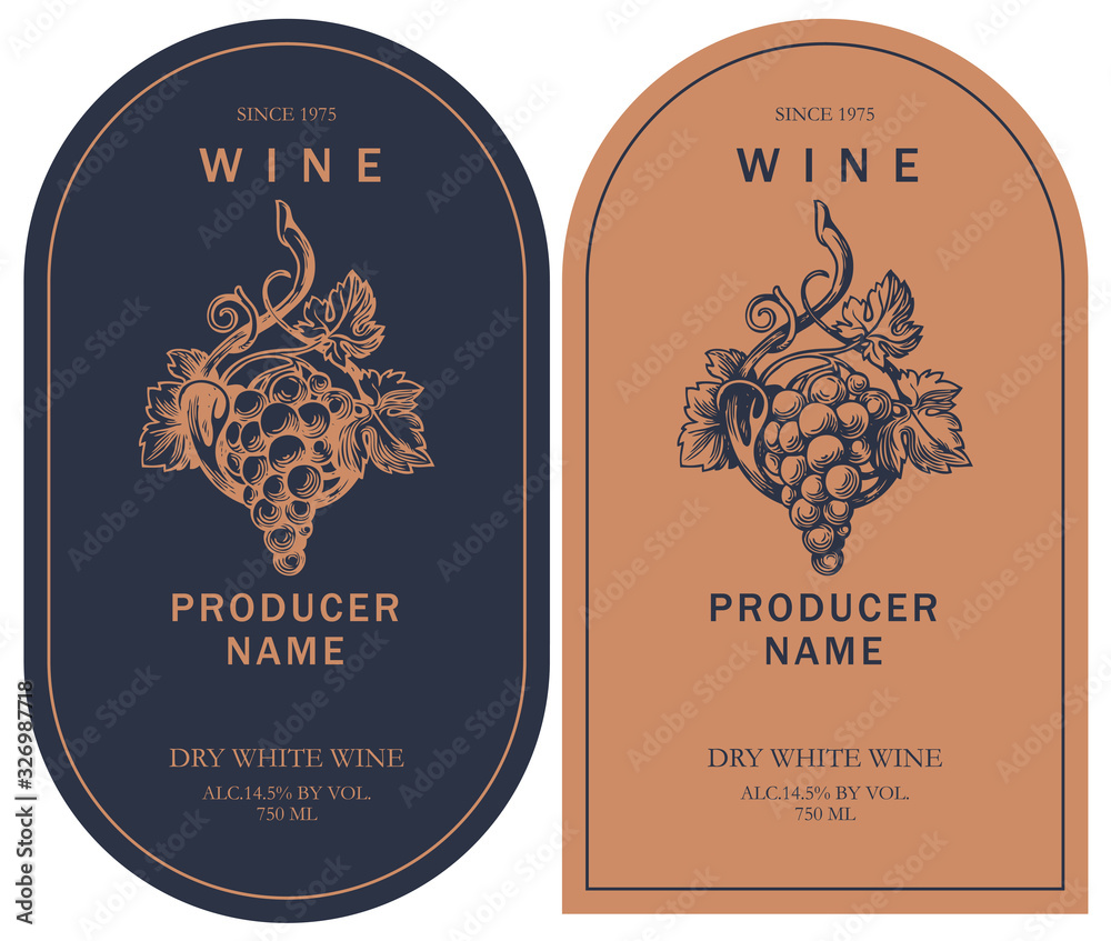Set of two vector wine labels with hand-drawn bunch of grapes and ...