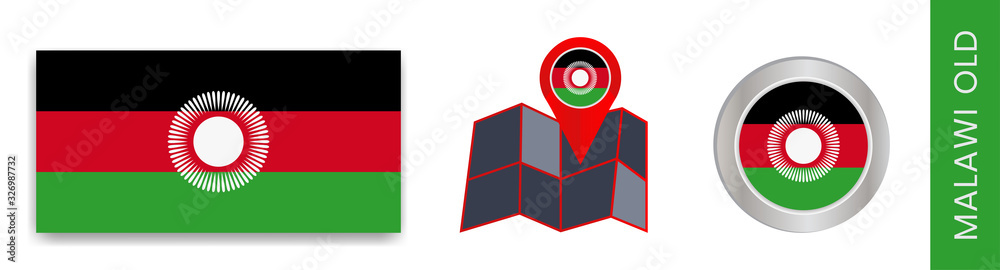 Collection of Malawi national flags isolated in official colors and map ...