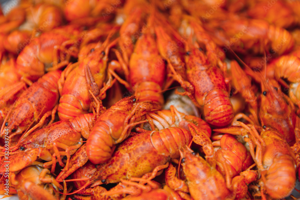 boiled crayfish on an iron plate. boiled red crayfish background for ...