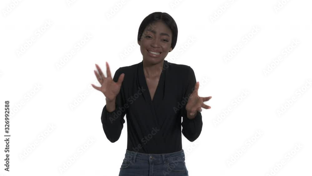 Puzzled African woman with arms out. Doubting, hesitating emotion. Body ...