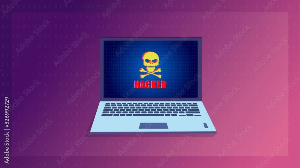 Hacked Laptop with skull alert Icon, data and streaming binary code ...
