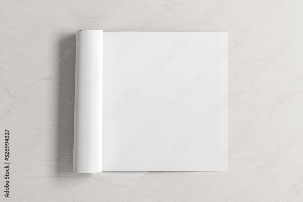 Blank square right magazine page. Workspace with folded magazine mock ...