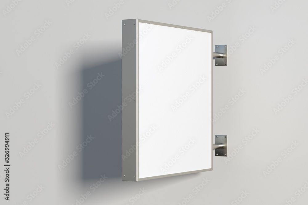 Square singboard or signage isolated on the white wall with blank white ...