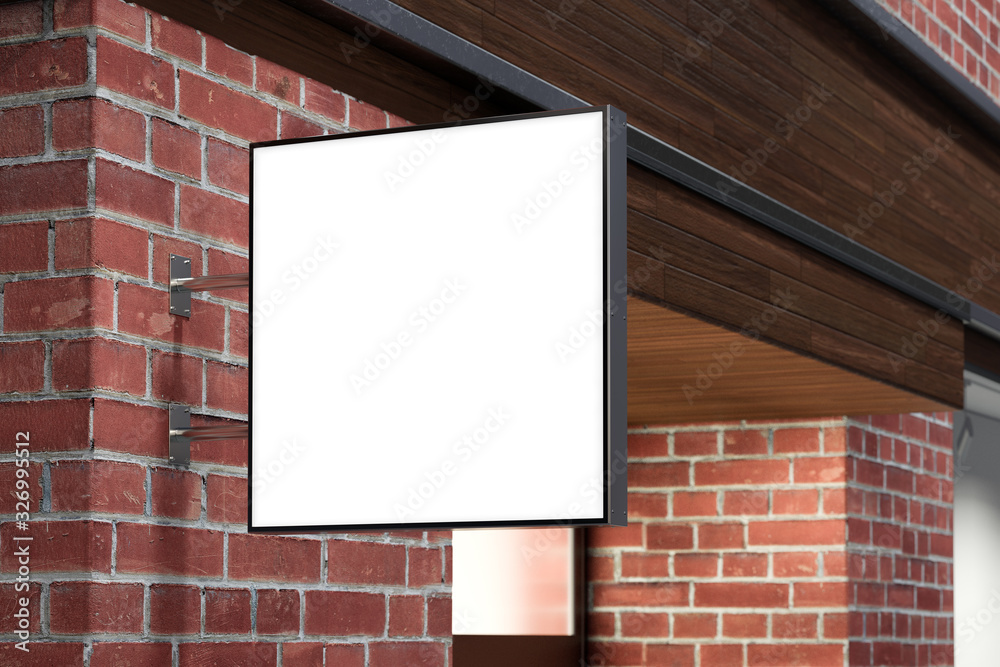 Square singboard or signage on the red brick wall with blank white sign ...