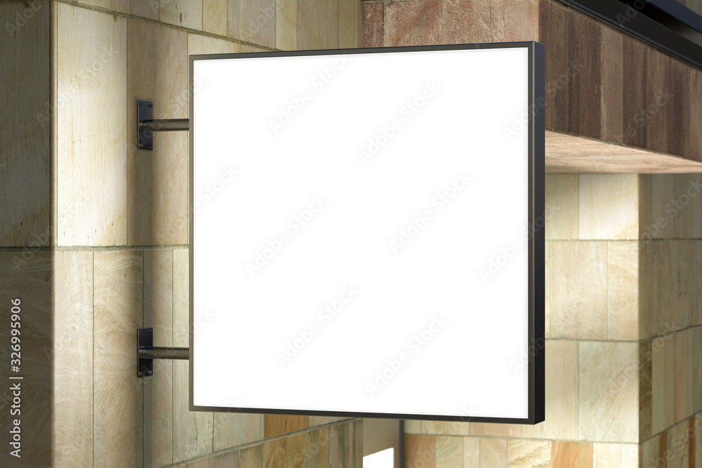 Square singboard or signage on the marble wall with blank white sign ...
