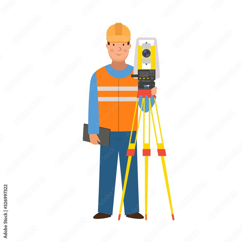 Cartoon surveyor with level, character for children. Flat vector ...
