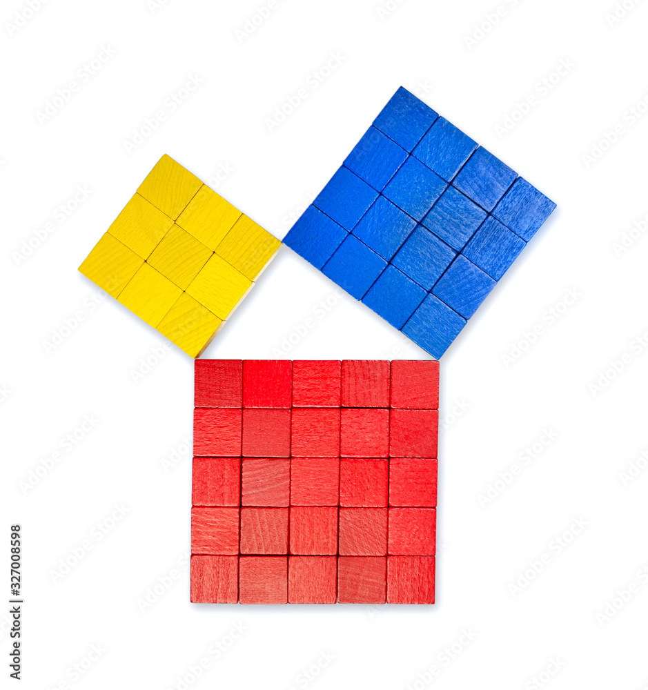 Pythagorean theorem shown with colorful wooden cubes, from above ... Pythagorean theorem shown with colorful wooden cubes, from above ...