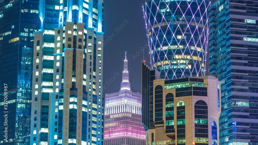 The skyline of Doha by night with starry sky seen from Park timelapse ...