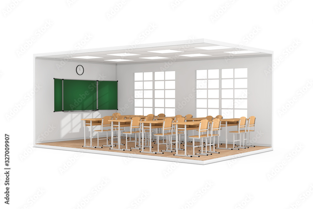 School Classroom Interior with Large Window, School Desks, Chairs ...