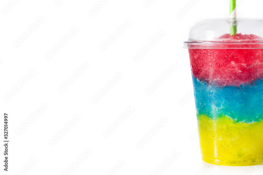 Colorful slushie of differents flavors with straw in plastic cup ...