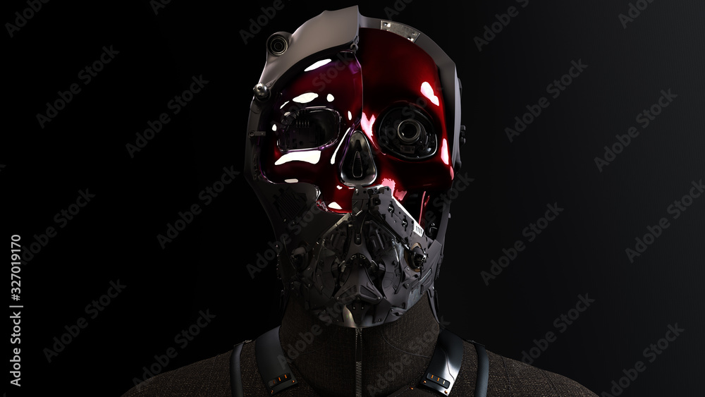 3D composite illustration of Cyborg with a skull face pilot, aviator ...