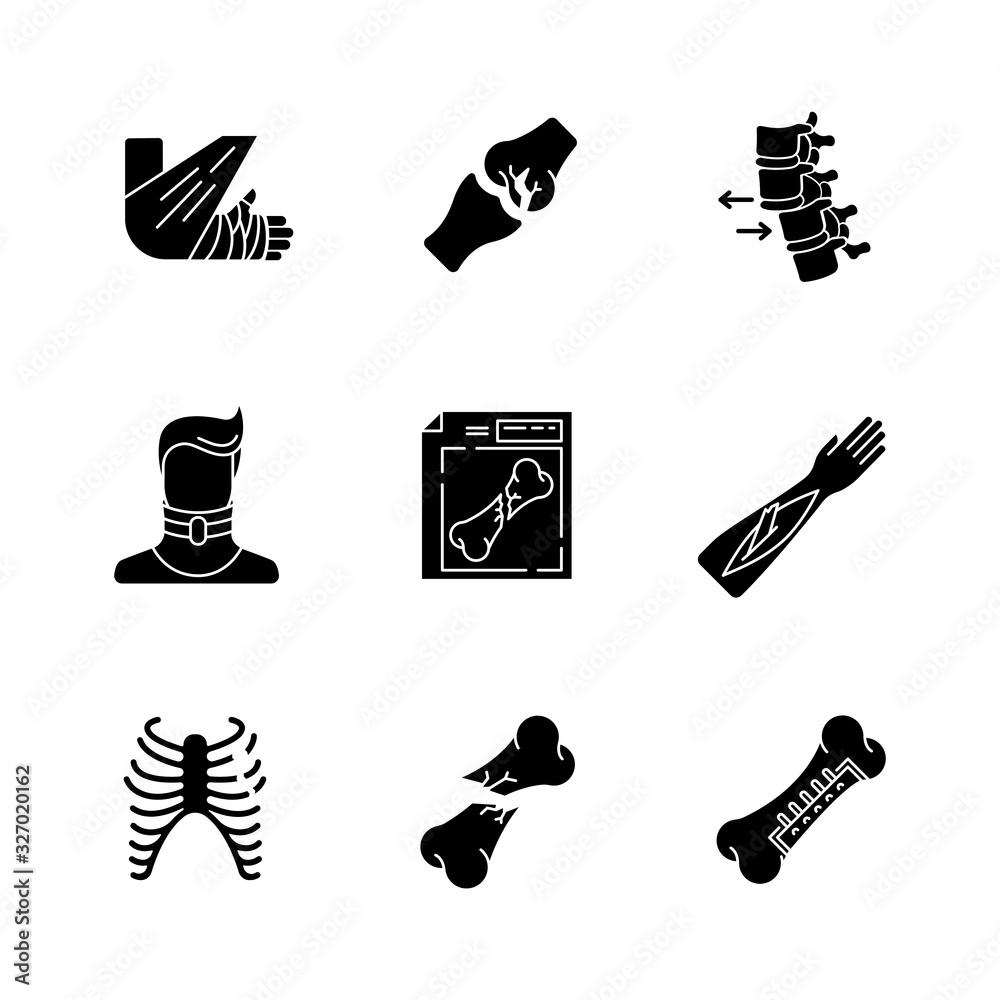 Bone Fractures Black Glyph Icons Set On White Space X Ray Scan Spine Dislocation Broken Neck