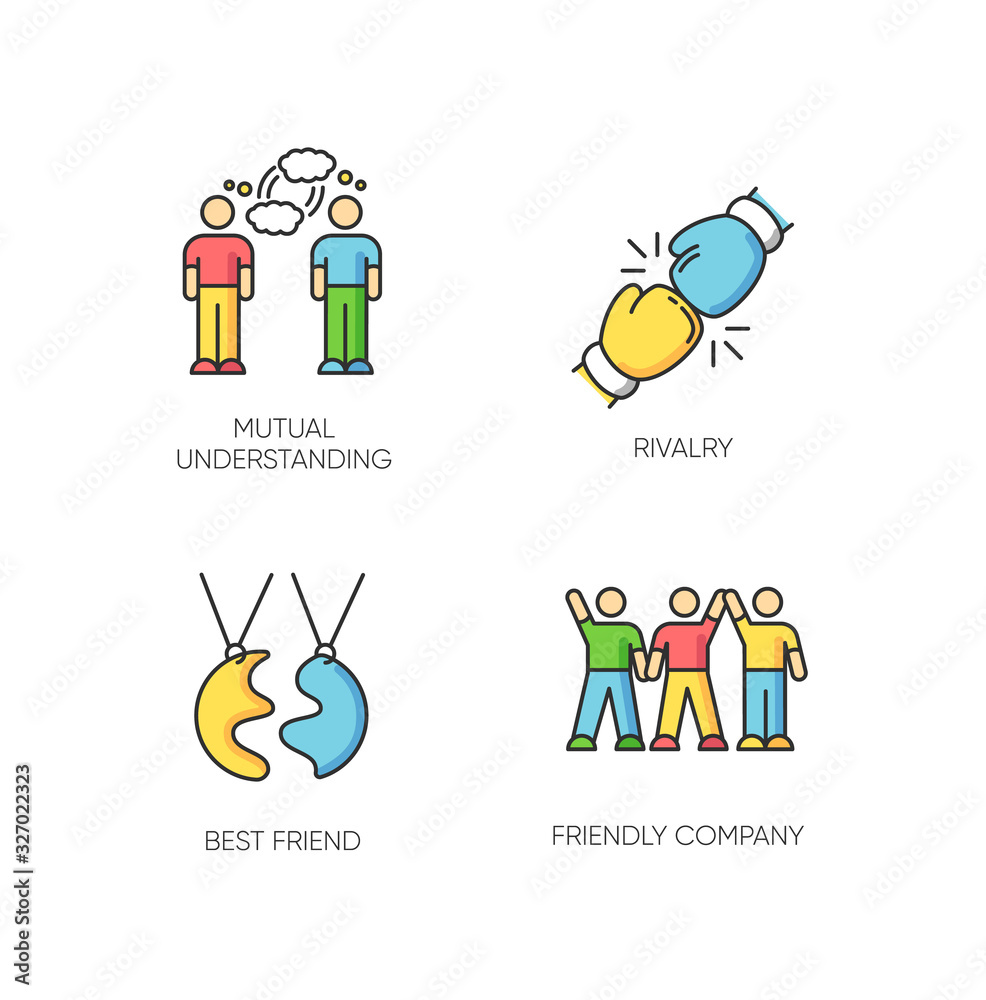 Friendship types RGB color icons set. Mutual understanding, rivalry ...