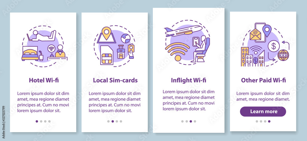 WI-fi types and local SIM-card onboarding mobile app page screen with ...