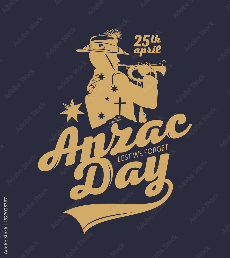 Silhouette of a trumpet soldier and sign of Australian military forces ...