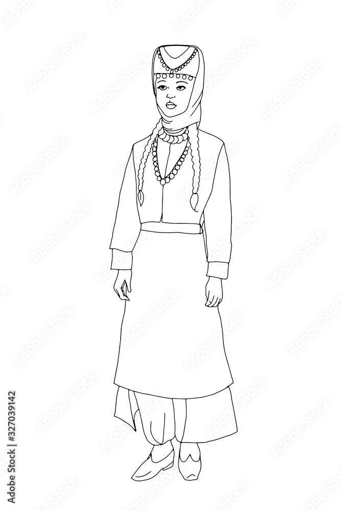 traditional woman standing and wearing turkish culture clothes ...