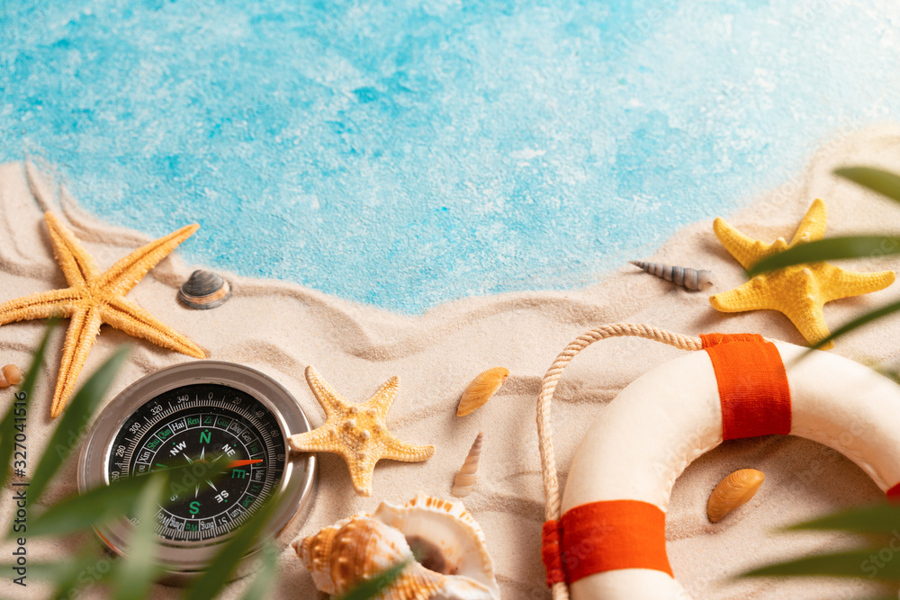 Minimal exotic concept. Creative layout of sand waves and sea, summer ...