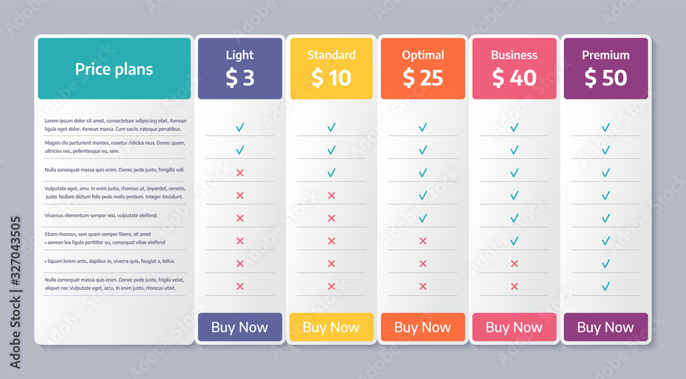 Price table template. Vector. Comparison plan chart. Set pricing data ...