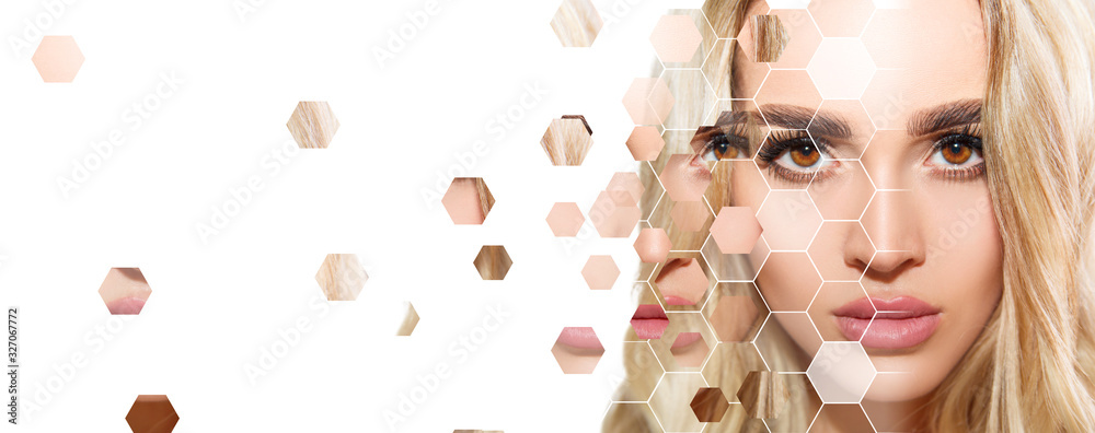Beautiful female face made from faces parts in hexagon shape. Stock ...