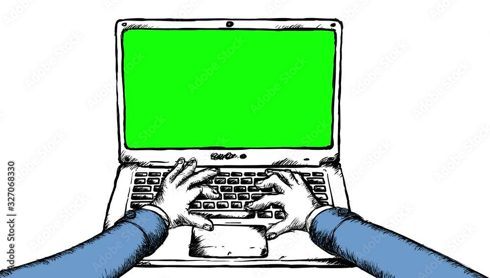 Cartoon hands typing on a laptop keyboard. Greenbox for keying on a ...