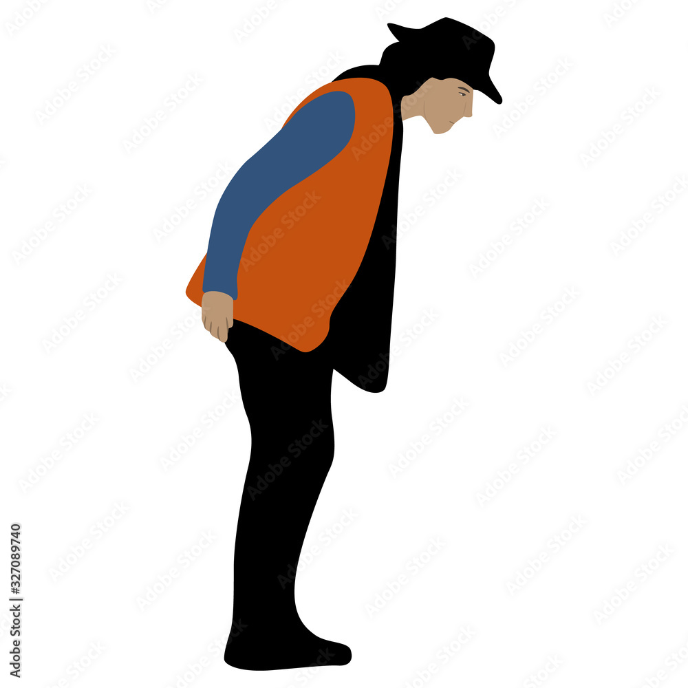 Isolated vector illustration. Standing slender young man in a hat and ...
