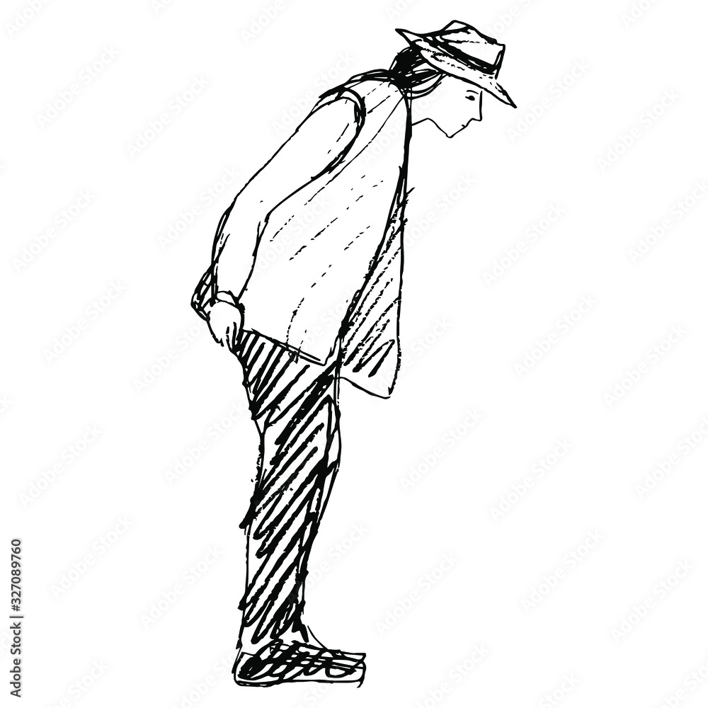 Isolated vector illustration. Standing slender young man in a hat and ...