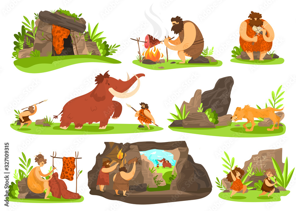 Primitive people in Stone Age, caveman life, vector illustration. Set ...