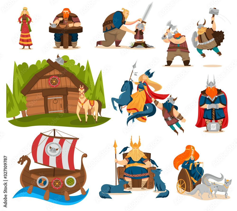 Viking cartoon characters and gods of norse mythology, vector ...