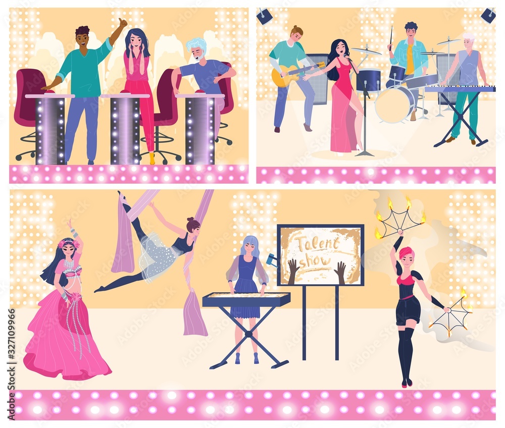 Talent TV show performance, jury and participants, vector illustration ...