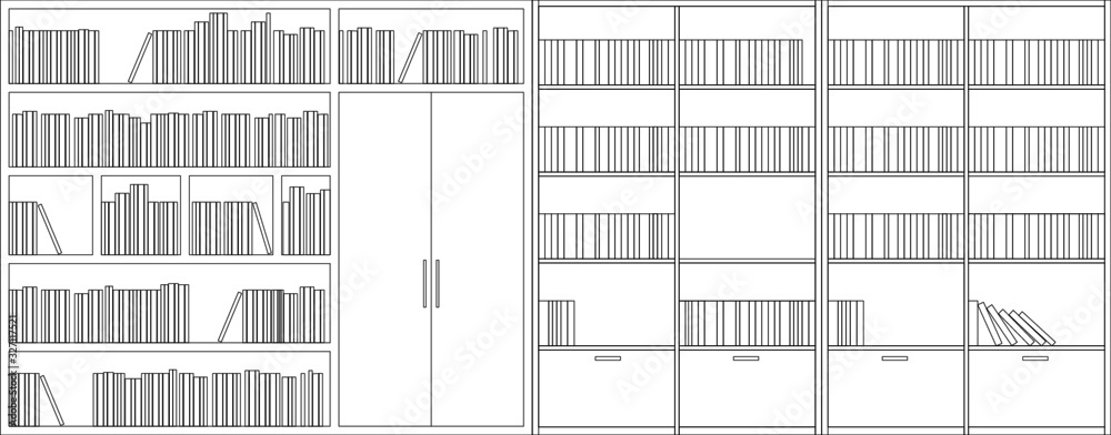 2D black and white CAD drawing of the bookshelf from the front ...