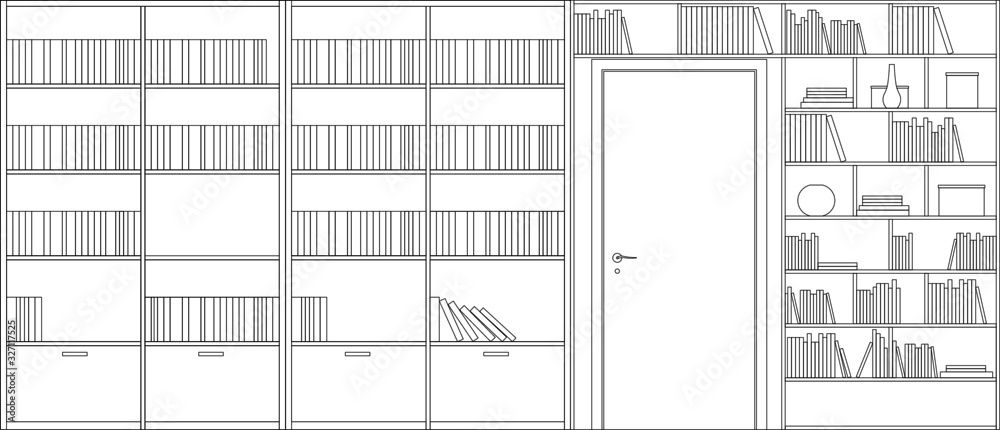 2D black and white CAD drawing of the bookshelf from the front ...