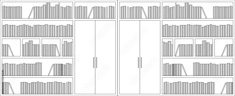 2D black and white CAD drawing of the bookshelf from the front ...